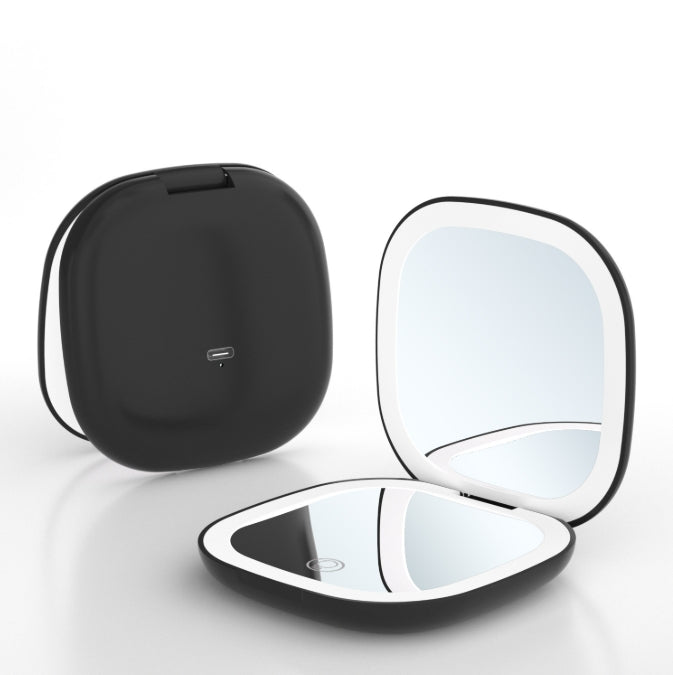 2-piece Black Portable LED Makeup Mirror - Rechargeable Compact with 3 ...